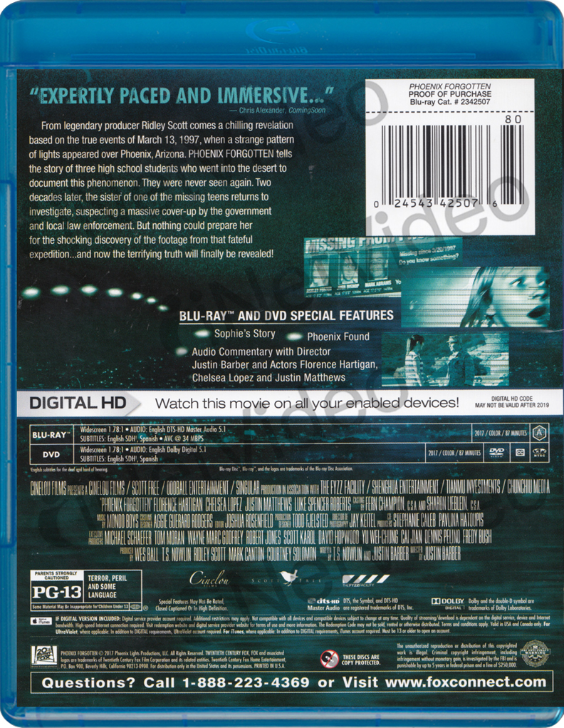 PHOENIX FORGOTTEN (BLU-RAY + Dvd + Digital Hd) (Blu-Ray) (Fox) (Blu-Ray ...